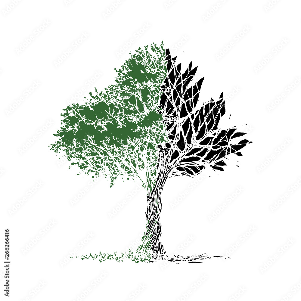 Abstract tree half leave and dry branch, spring autumn hand drawn ...