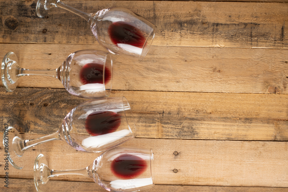 Flat lay red wine in glasses on wooden background with space, Concept ...
