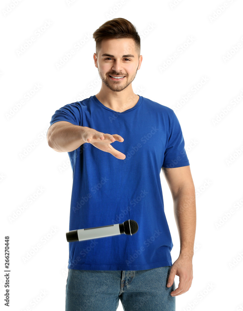 Handsome man dropping microphone on white background Stock Photo ...