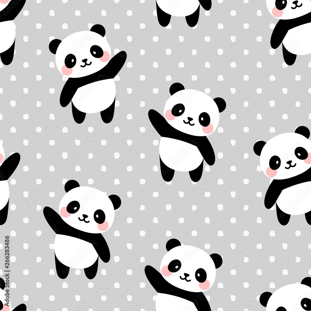 Panda Seamless Pattern Background, Scandinavian Happy cute panda with ...