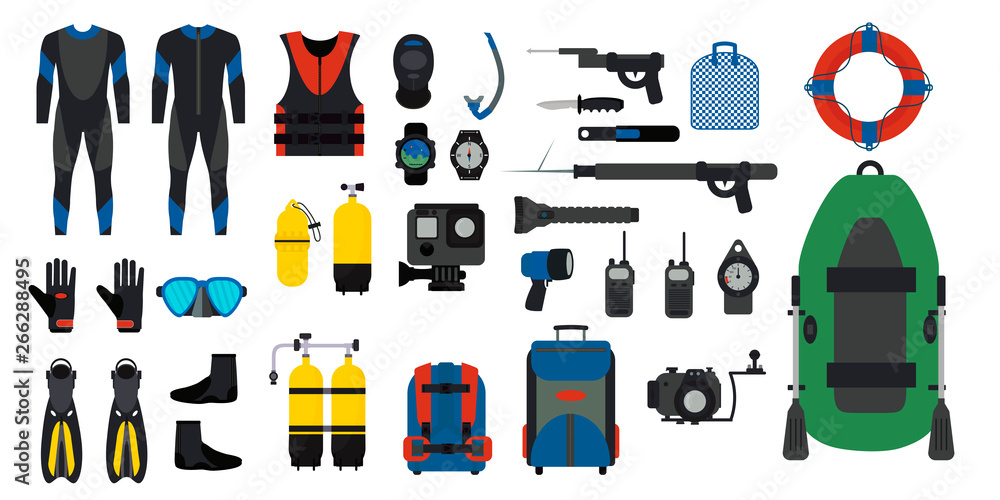 Diving set of equipment elements. Underwater activity. Aqualung, oxygen ...