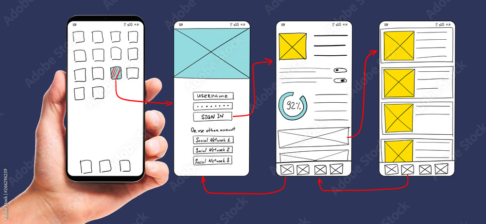 UI development. Male hand holding smartphone with wireframed user ...