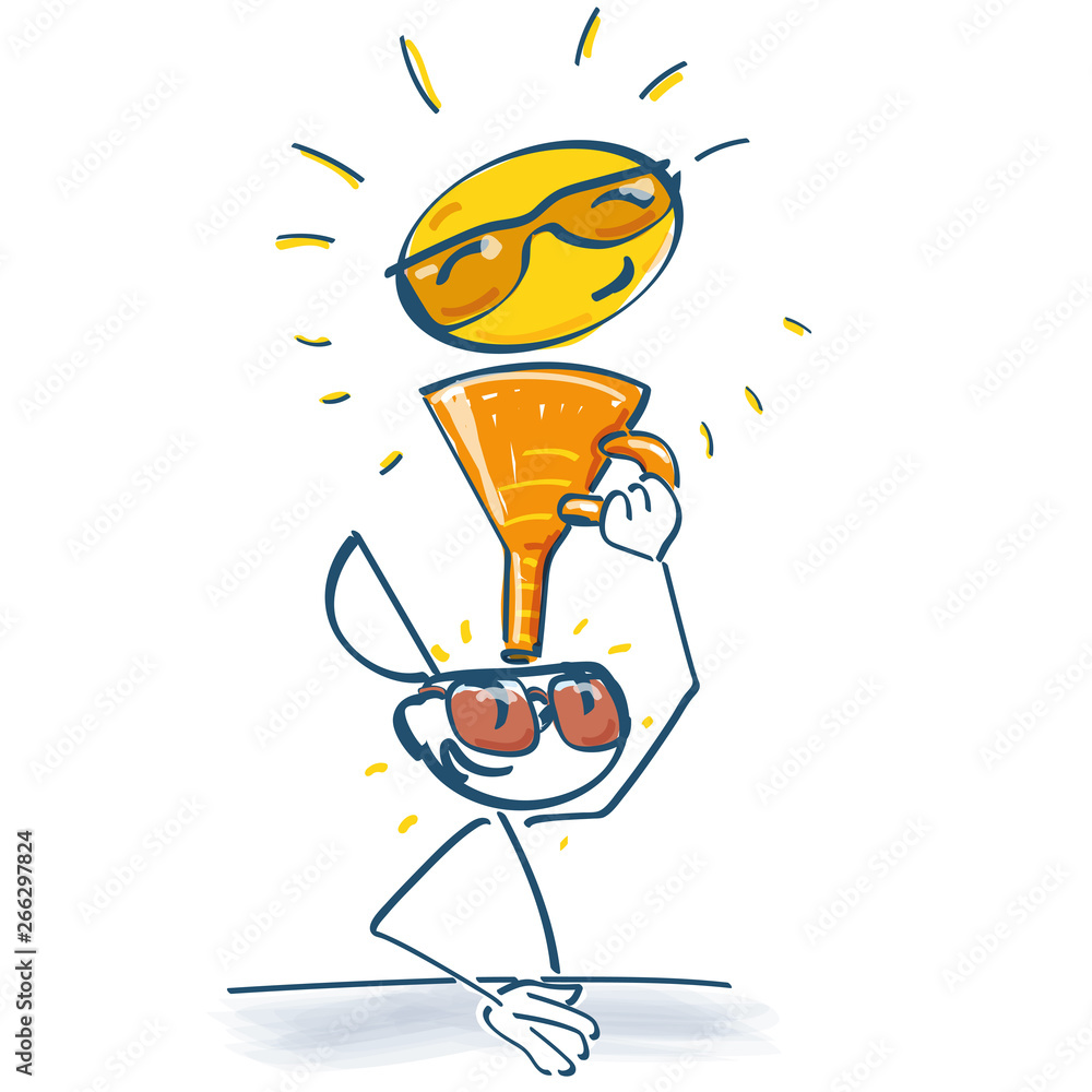 Strichmännchen trichtert sich mit einem Trichter die Sonne in das ...