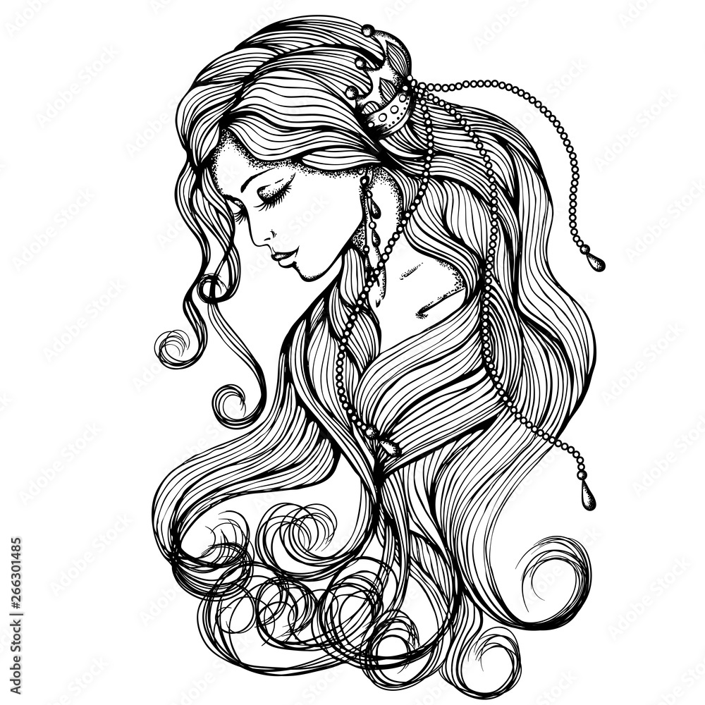Line art. Vector illustration of a beautiful young embarrassed girl ...
