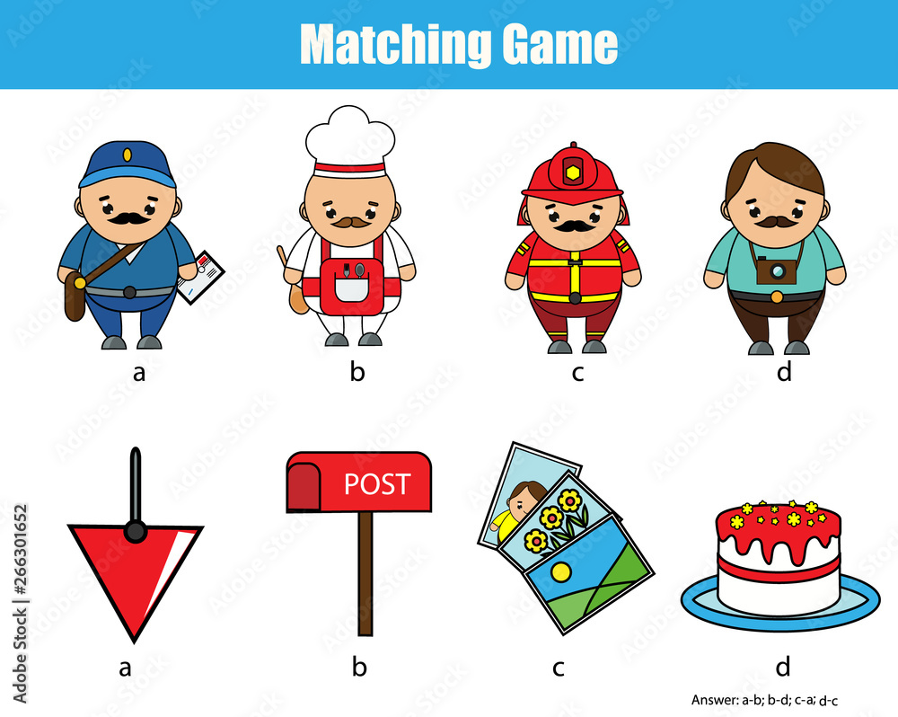 Matching children educational game. Match job and objects. Logic test ...