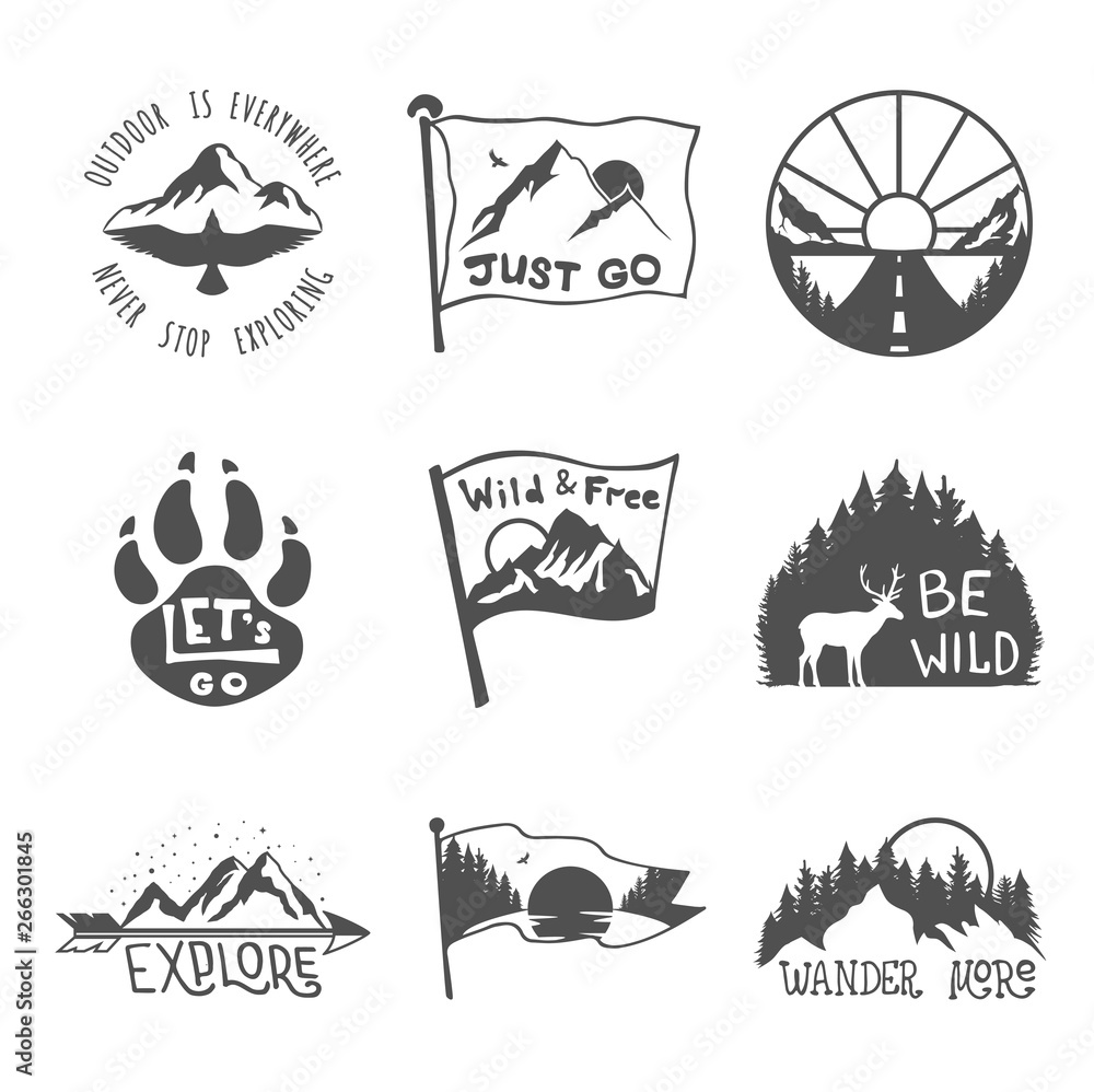 Set of nine black travel emblems. Camping outdoor adventure emblems ...