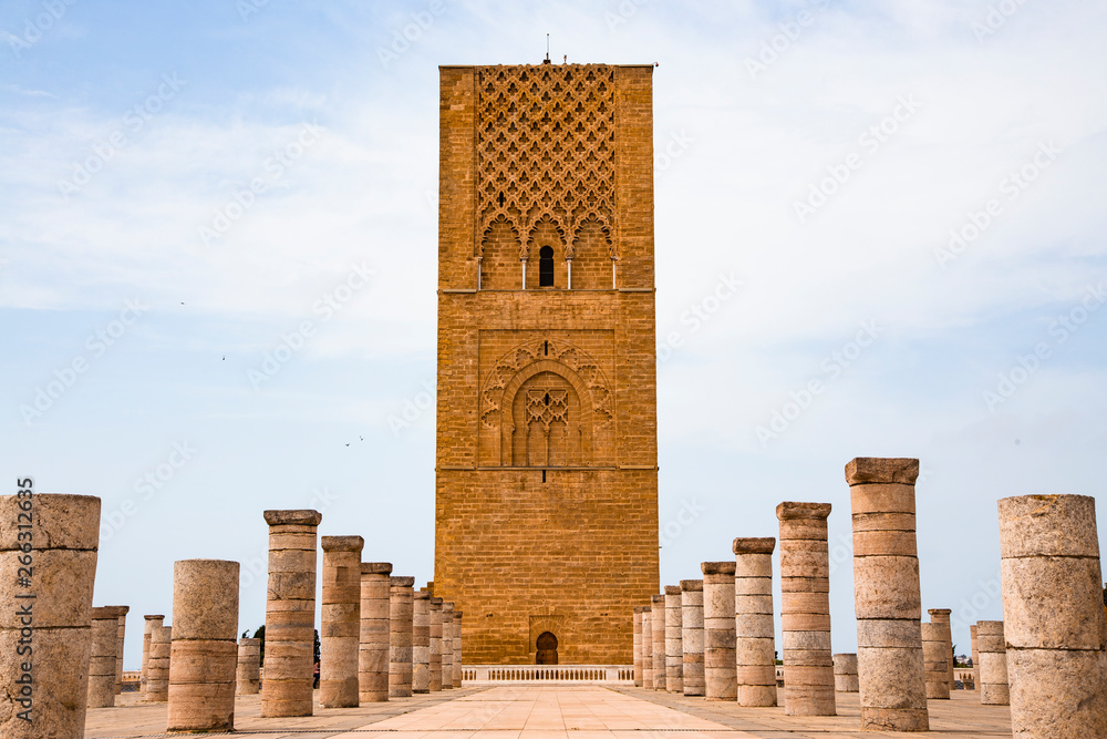 Tour Hassan tower in the square with stone columns. Made of red ...