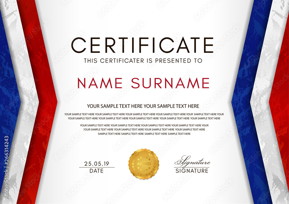 Certificate template with France flag (blue, white, red colors) frame ...