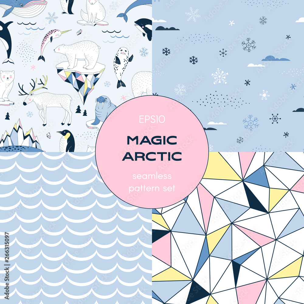Blue Antarctic nature pattern set. Arctic Ocean ecosystem with iceberg ...
