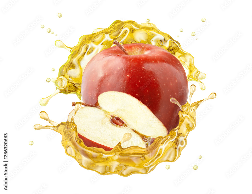 Fresh ripe apple, apple slice and juice or cider vinegar splash swirl ...