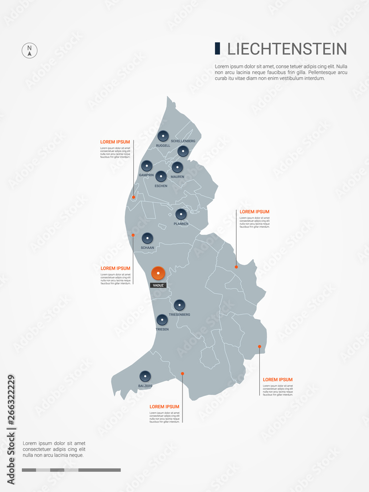 Liechtenstein map with borders, cities, capital and administrative ...
