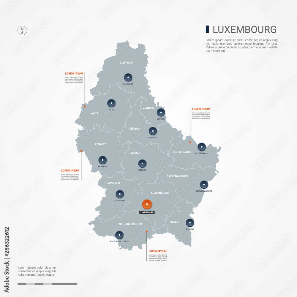 Luxembourg map with borders, cities, capital and administrative ...