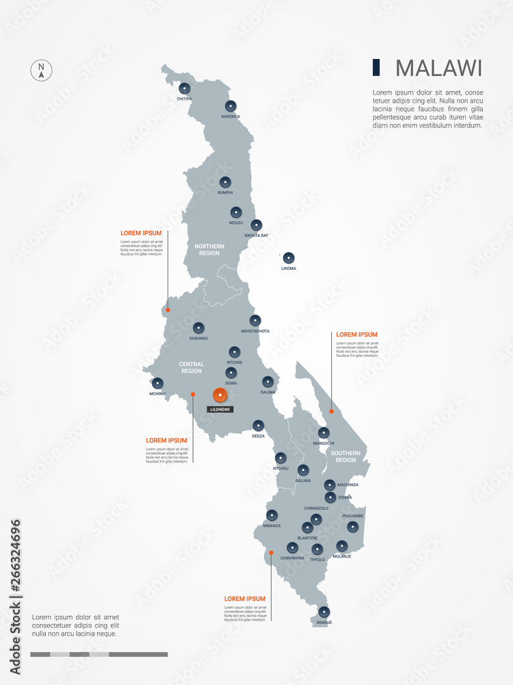 Malawi map with borders, cities, capital and administrative divisions ...