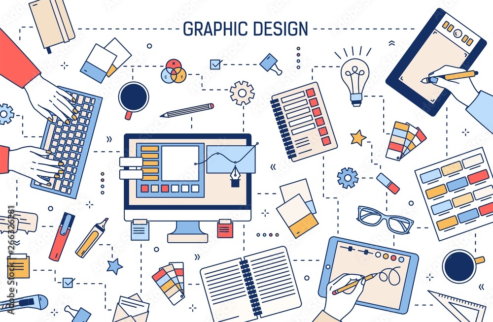 Web banner template with graphic design or digital art tools, hands ...