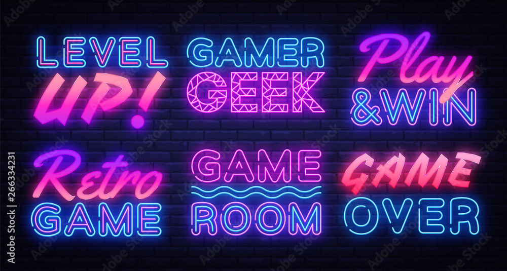 Gaming Neon signs set Vector. Gamer neon sign, design template, modern ...