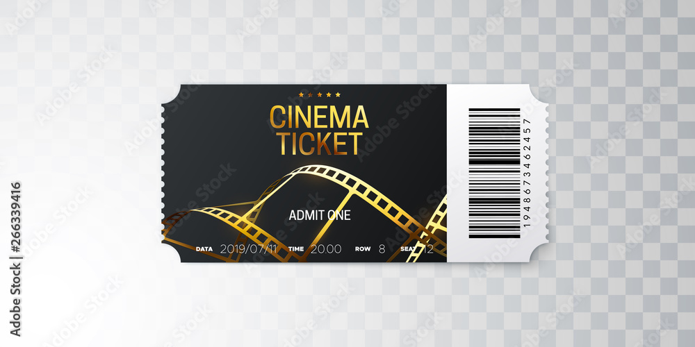 Vecteur Stock Black cinema ticket with golden film strip isolated on ...