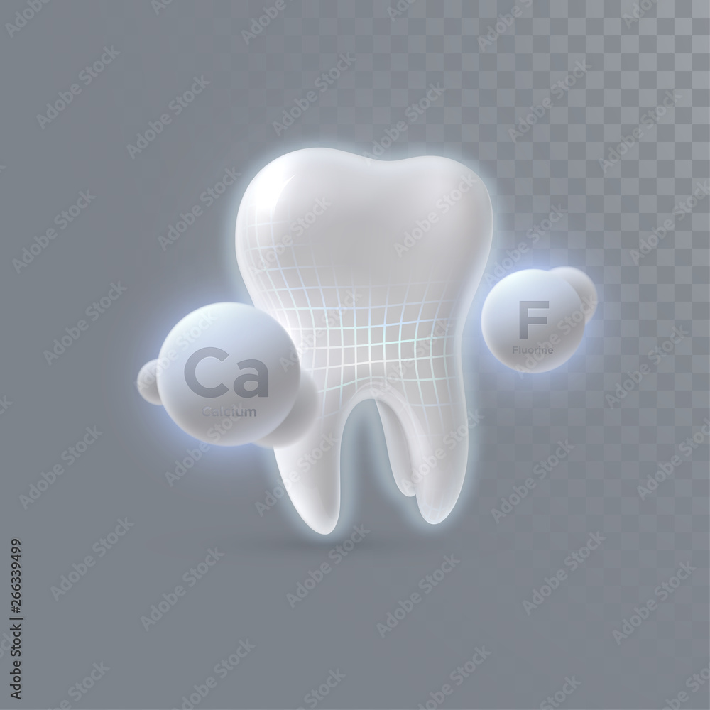 Realistic 3d tooth with calcium and fluorine particles isolated on ...