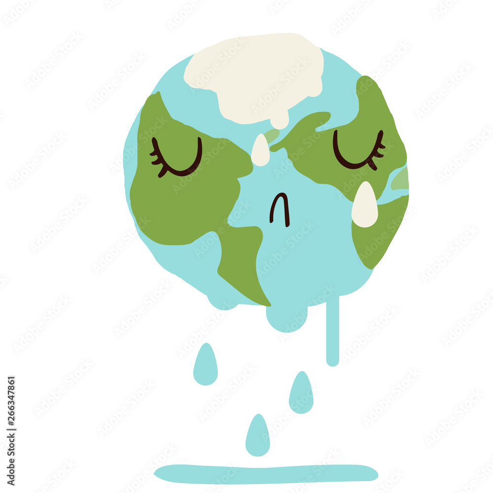 Sad cute planet earth melting down and crying. Global warming climate change concept vector ...