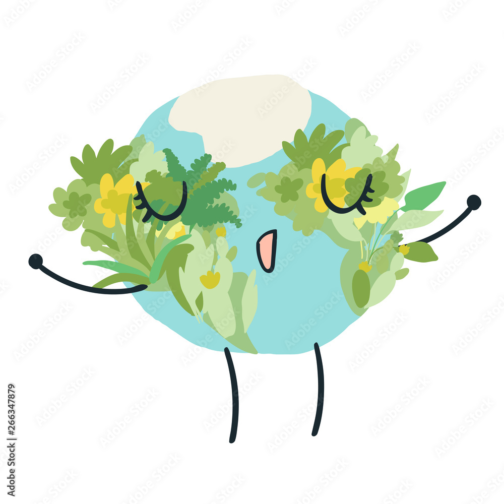 Happy cute planet earth breathing deeply with a lot of green forests ...