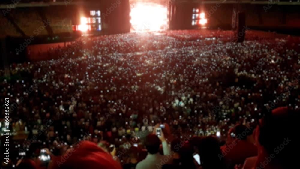 4k blurred footage of big rock concert on big stadium at night. People ...