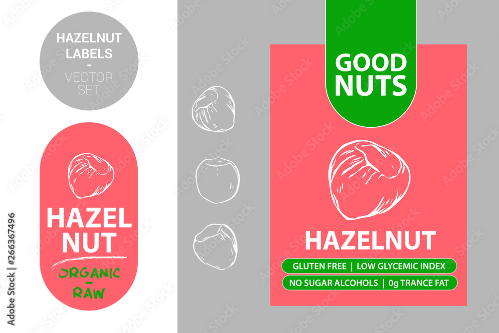 Hazelnut red labels with green elements. Cartoon drawn nuts. Nut ...