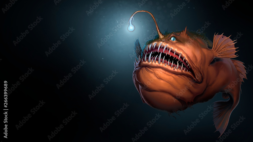 Angler fish on background of dark blue water realistic illustration art ...
