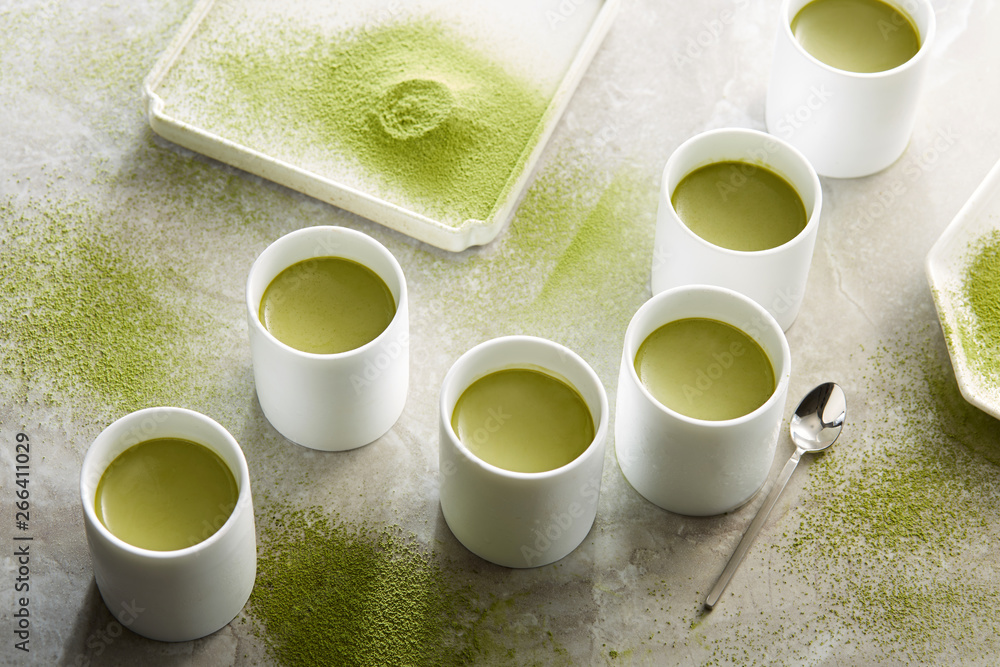 Matcha pudding cup, a sense of design arranged in the marble tabletop ...