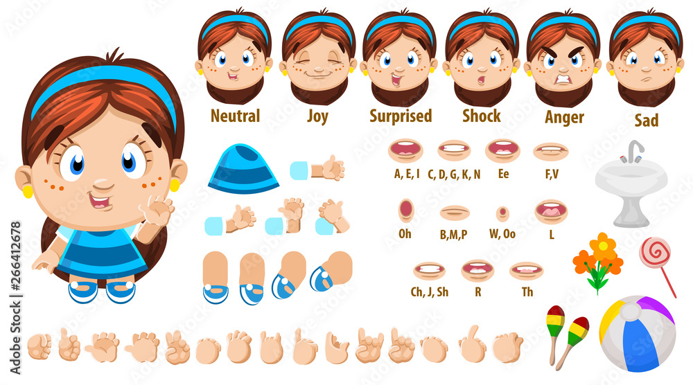 Cartoon brunette girl constructor for animation. Parts of body, set of ...