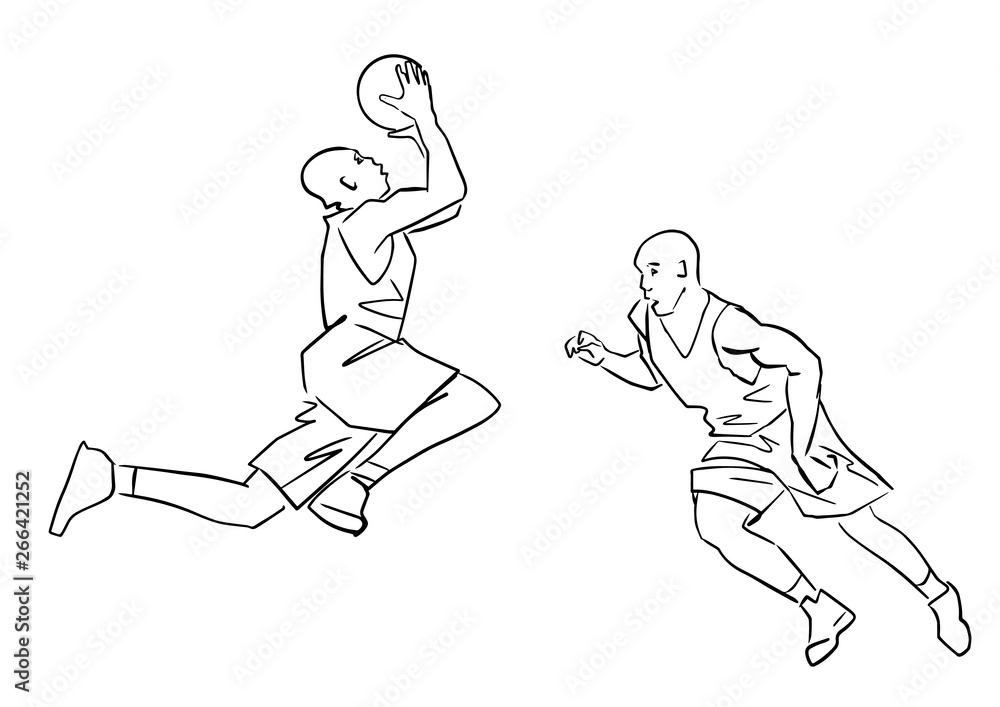 Two basketball players with a ball. Black contour. Isolated silhouette ...