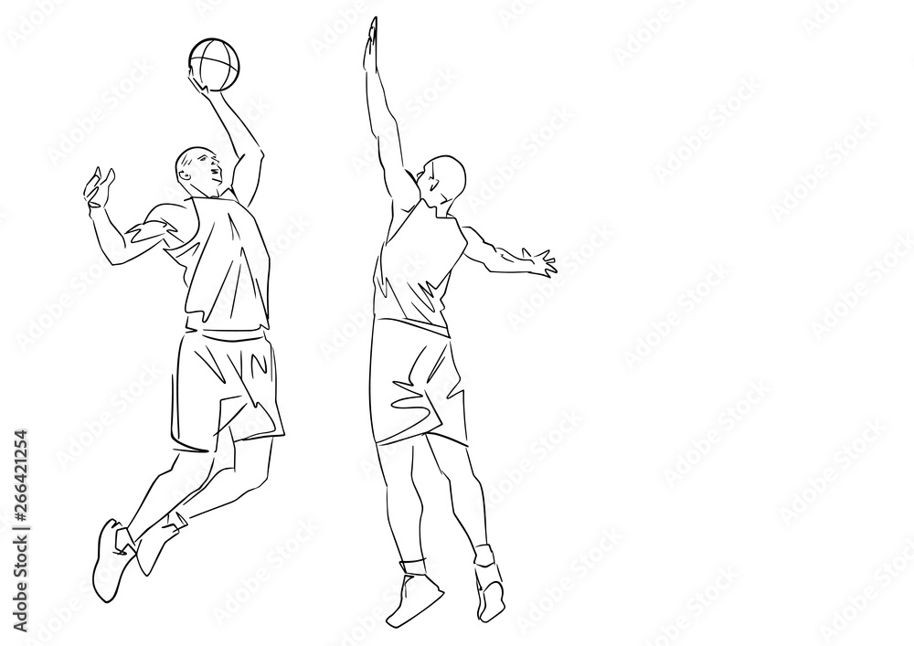 Two basketball players with a ball. Black contour. Isolated silhouette ...