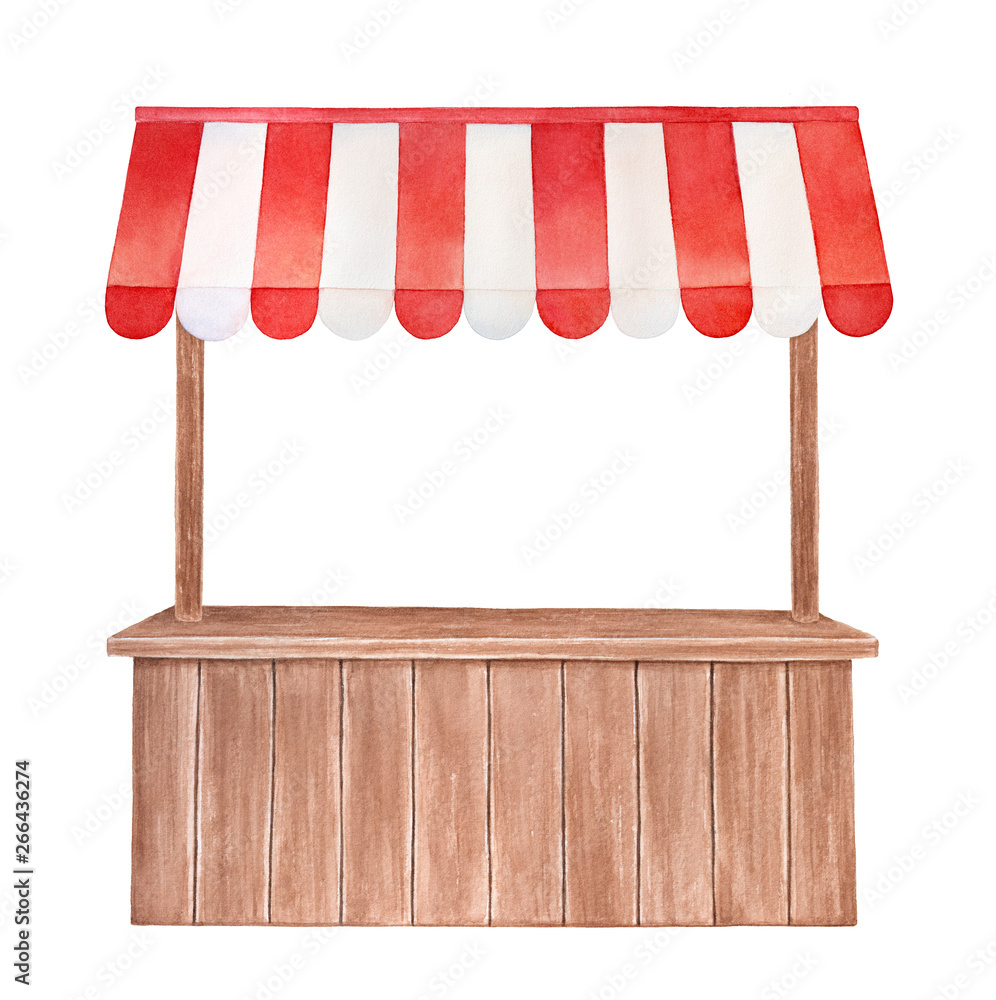 Watercolor illustration of wooden stall with red and white striped ...