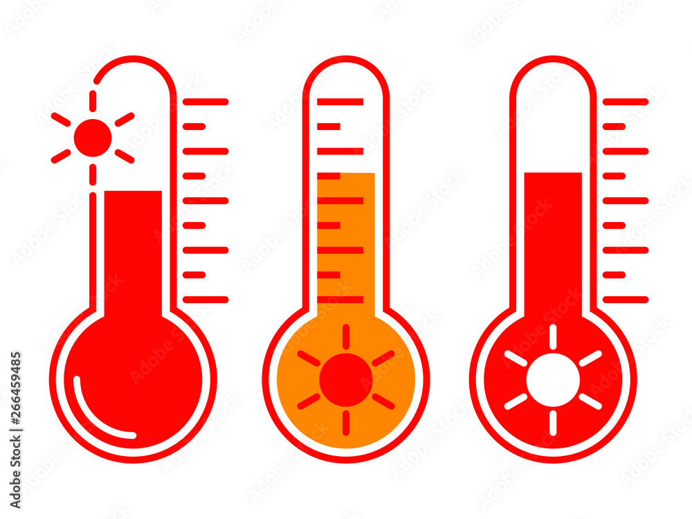 Icons high temperature. Signs thermometers with hot weather. Isolated ...