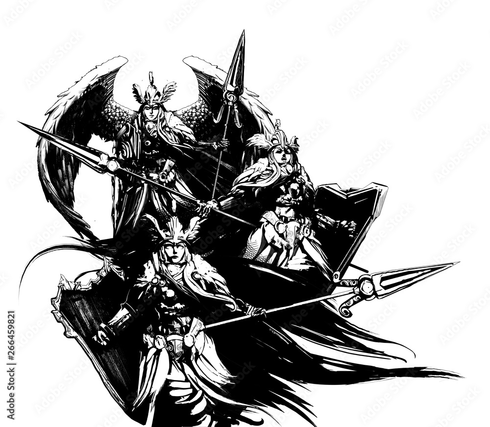 Three Valkyries with spears and shields in a dynamic composition Stock ...