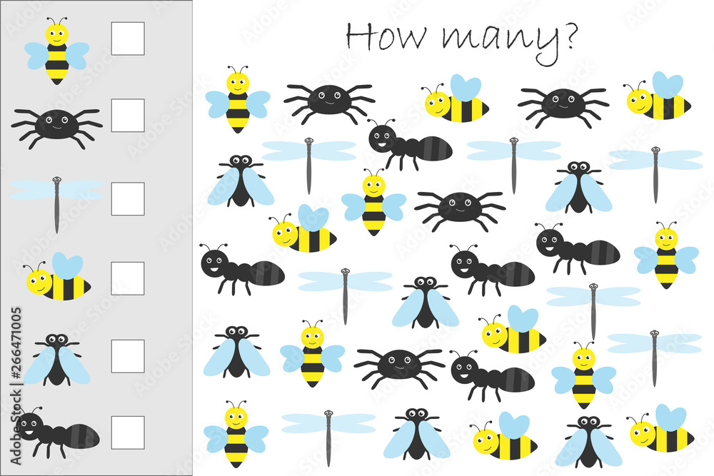 How many counting game with insects for kids, educational maths task ...