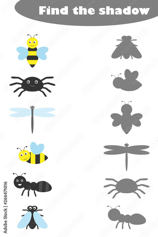 Find the shadow, game with insects for children in cartoon style ...