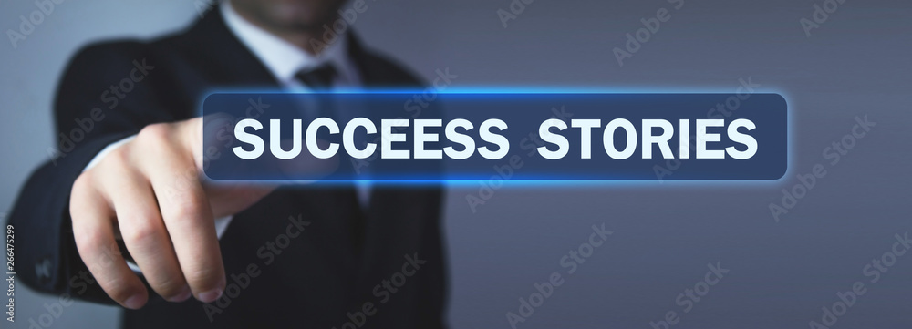 Man hand press Success Stories text in screen. Stock Photo | Adobe Stock