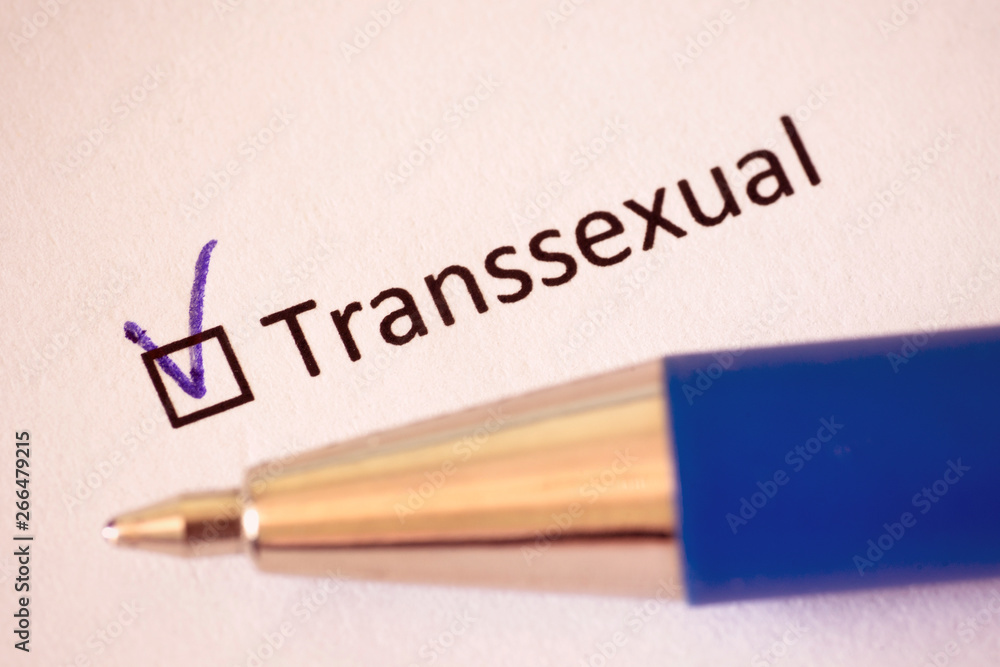 Questionnaire. Blue pen and the inscription TRANSSEXUAL with check mark ...