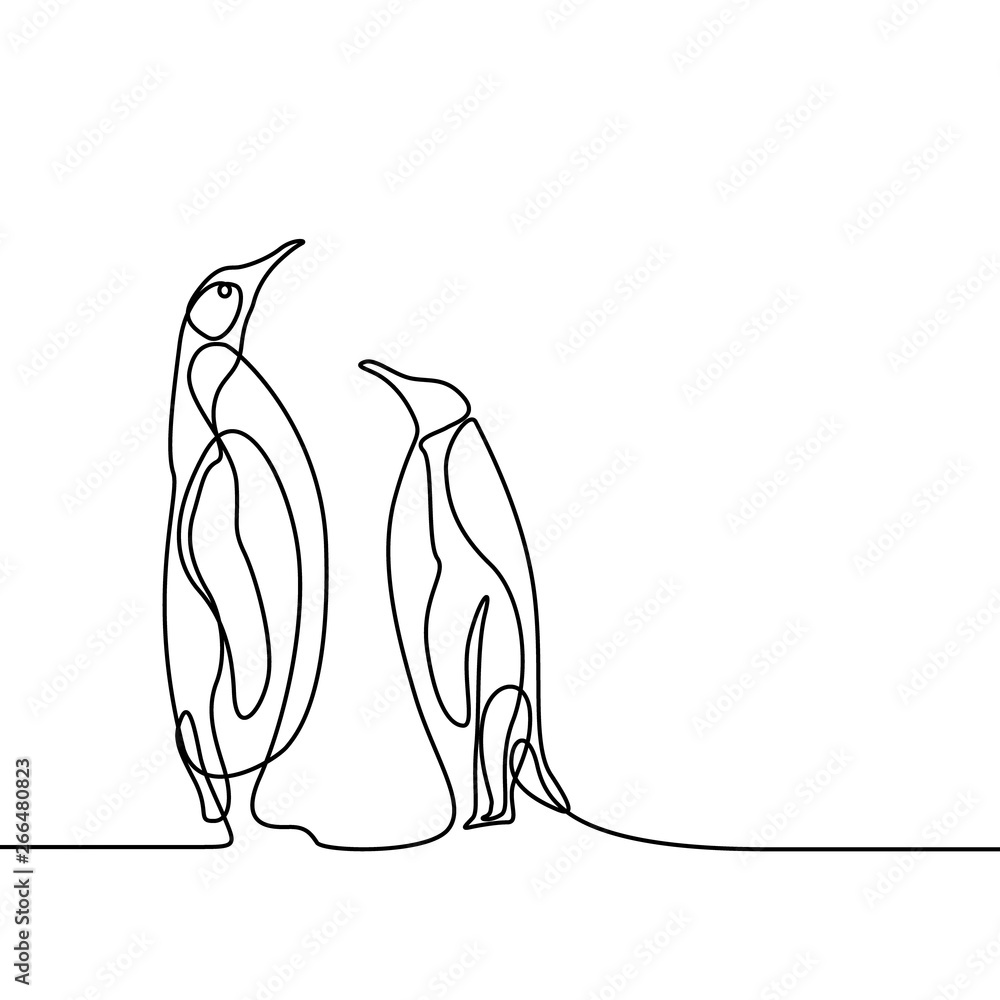 Continuous line drawing two penguins stand opposite each other. Love ...