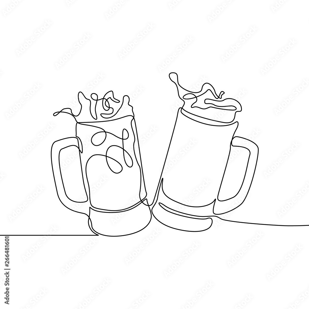 Continuous line drawing two glasses of bear clinking. Beer spray ...