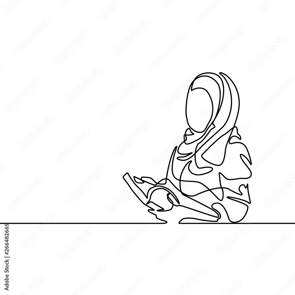 Continuous line drawing islamic woman with book. Vector illustration ...