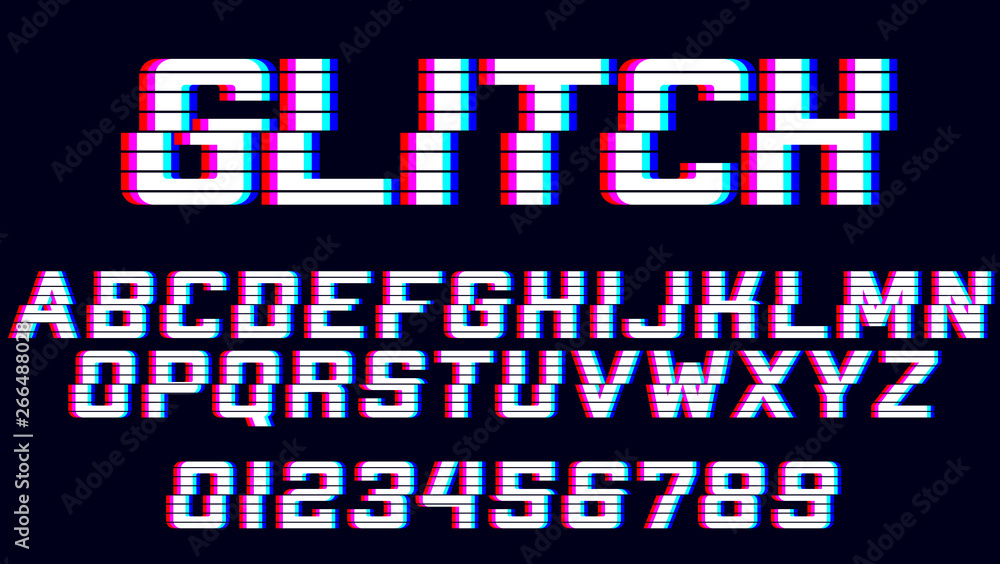 Glitch alphabet. Font with distortion effect. Letters and numbers for ...