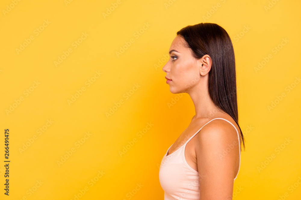 Close up side profile photo beautiful she her lady look empty space not ...
