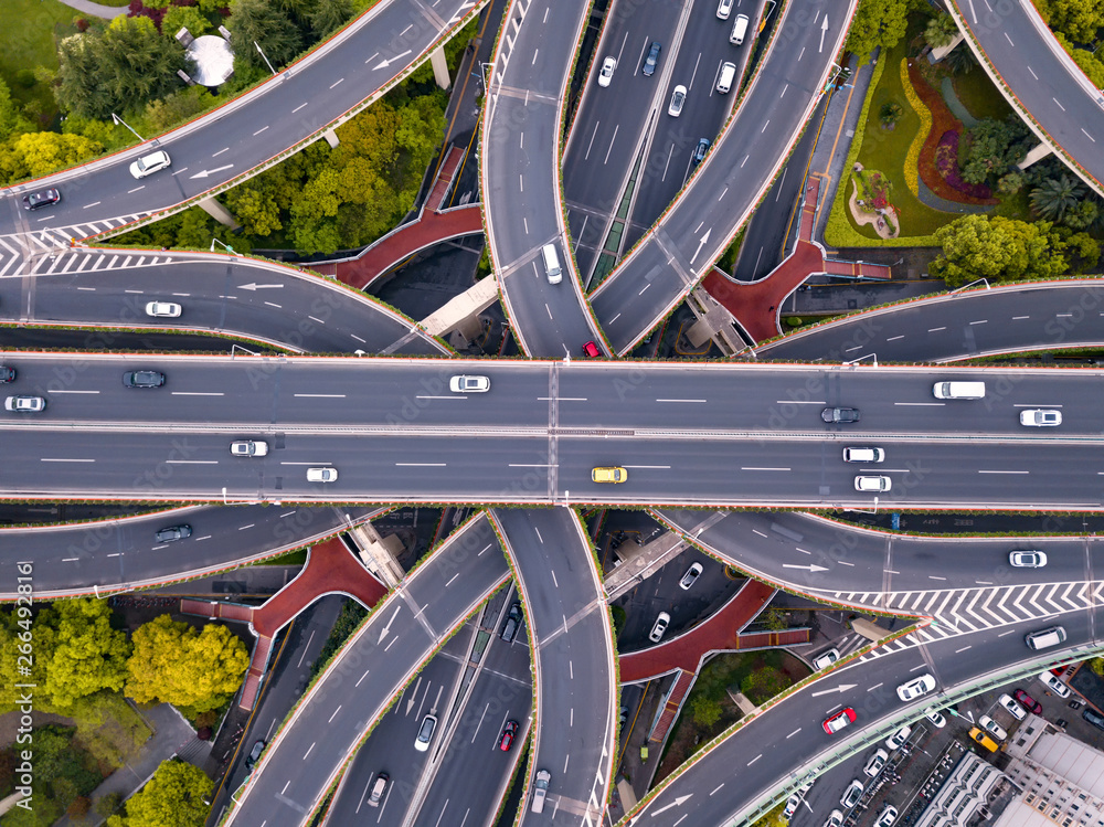 Aerial view of highway junctions shape letter x cross. Bridges, roads ...