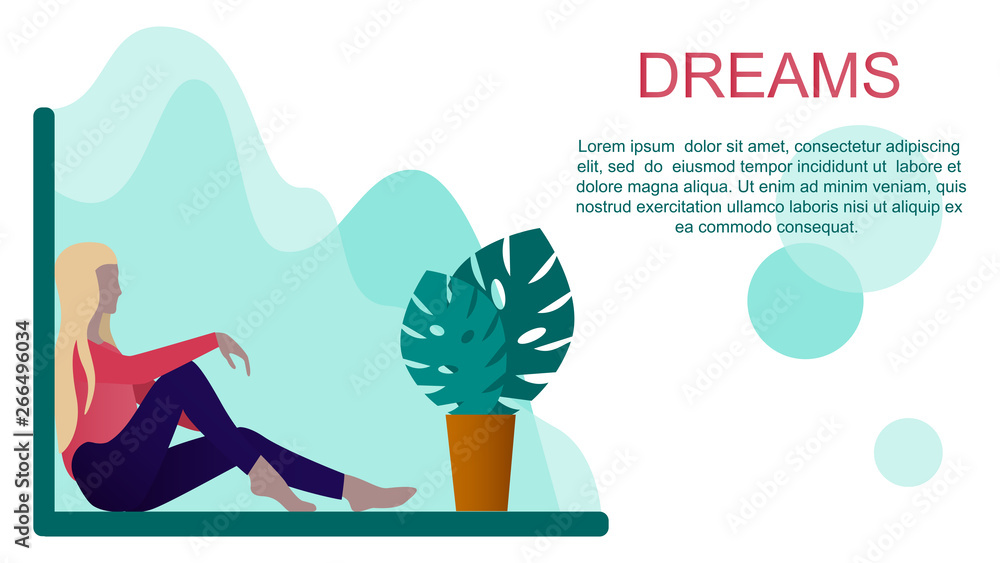 Young girl, web page design template for dreams motivation, modern flat ...