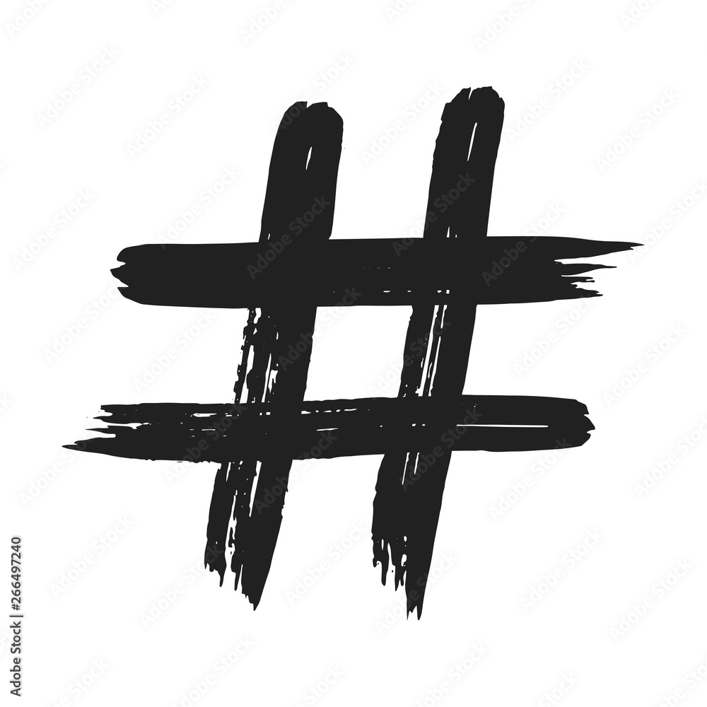 Hand drawn brush stroke dirty art hashtag symbol icon sign isolated on ...