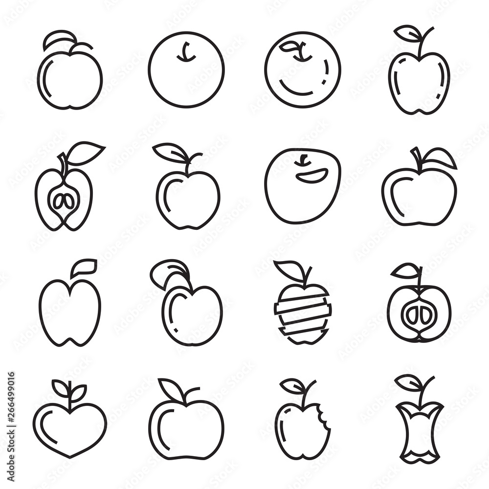 Apple Icons. Set of Different Apple Thin Line Symbols Isolated on a ...