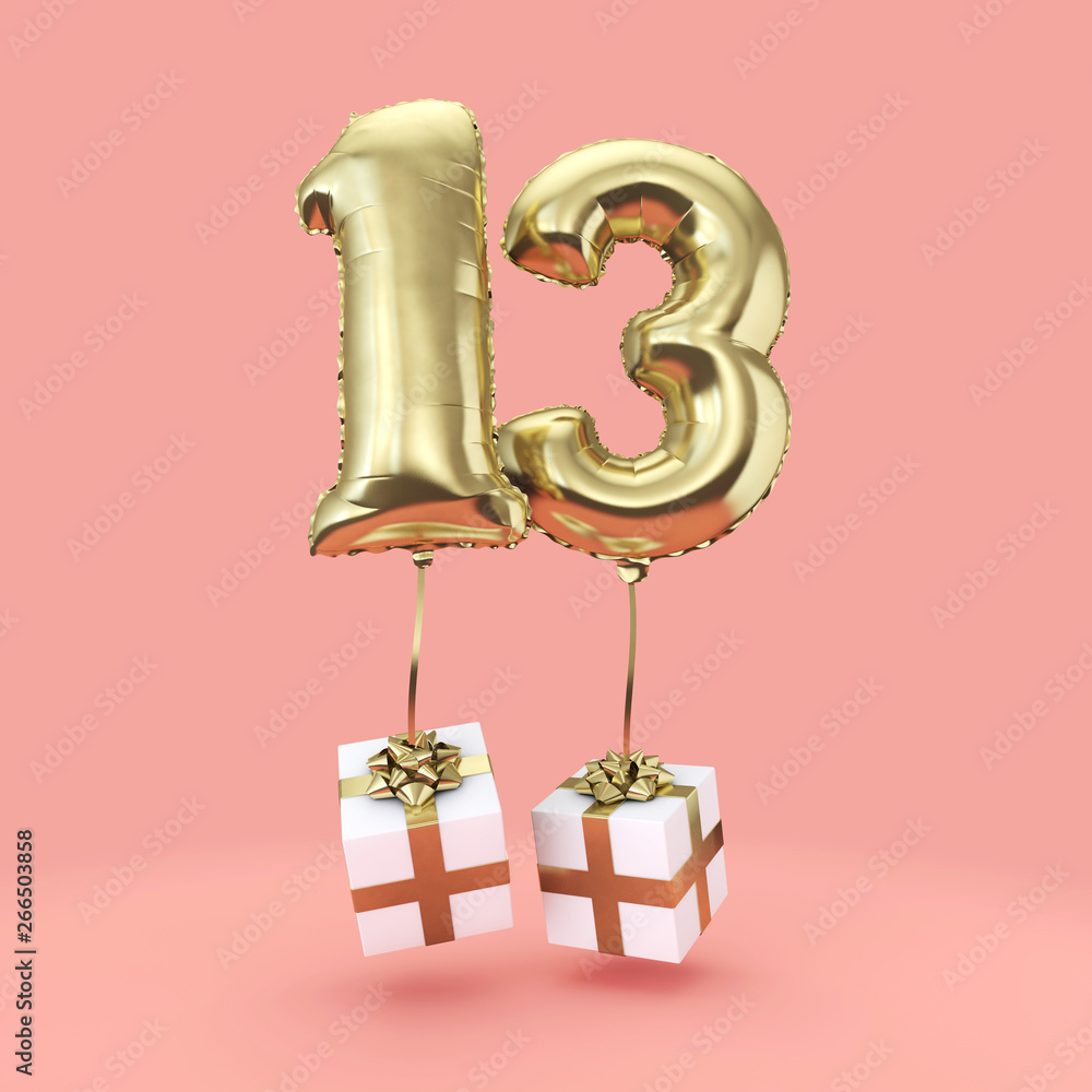Number 13 birthday celebration gold foil helium balloon with presents ...