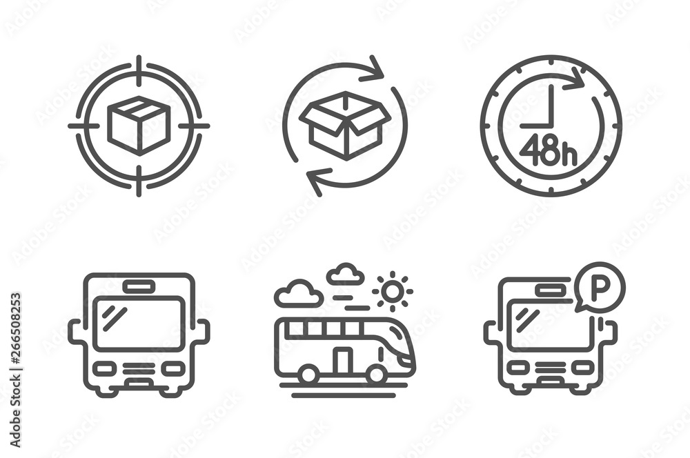 Parcel tracking, Bus travel and 48 hours icons simple set. Return ...