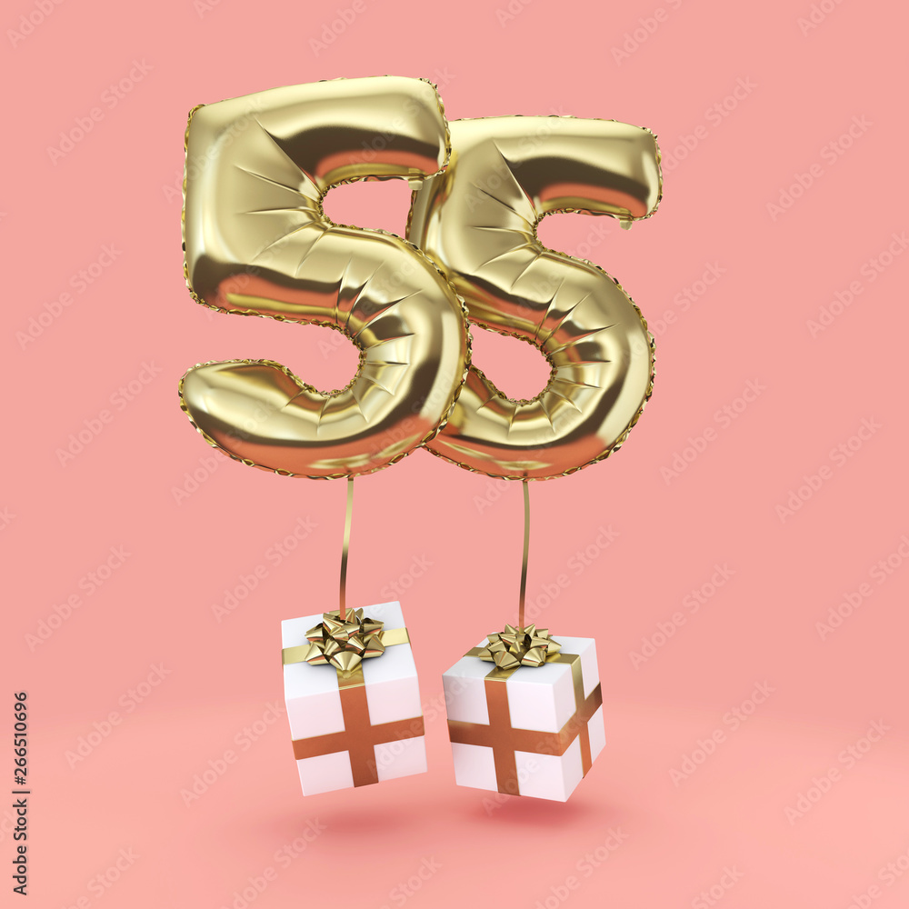 Number 55 birthday celebration gold foil helium balloon with presents ...