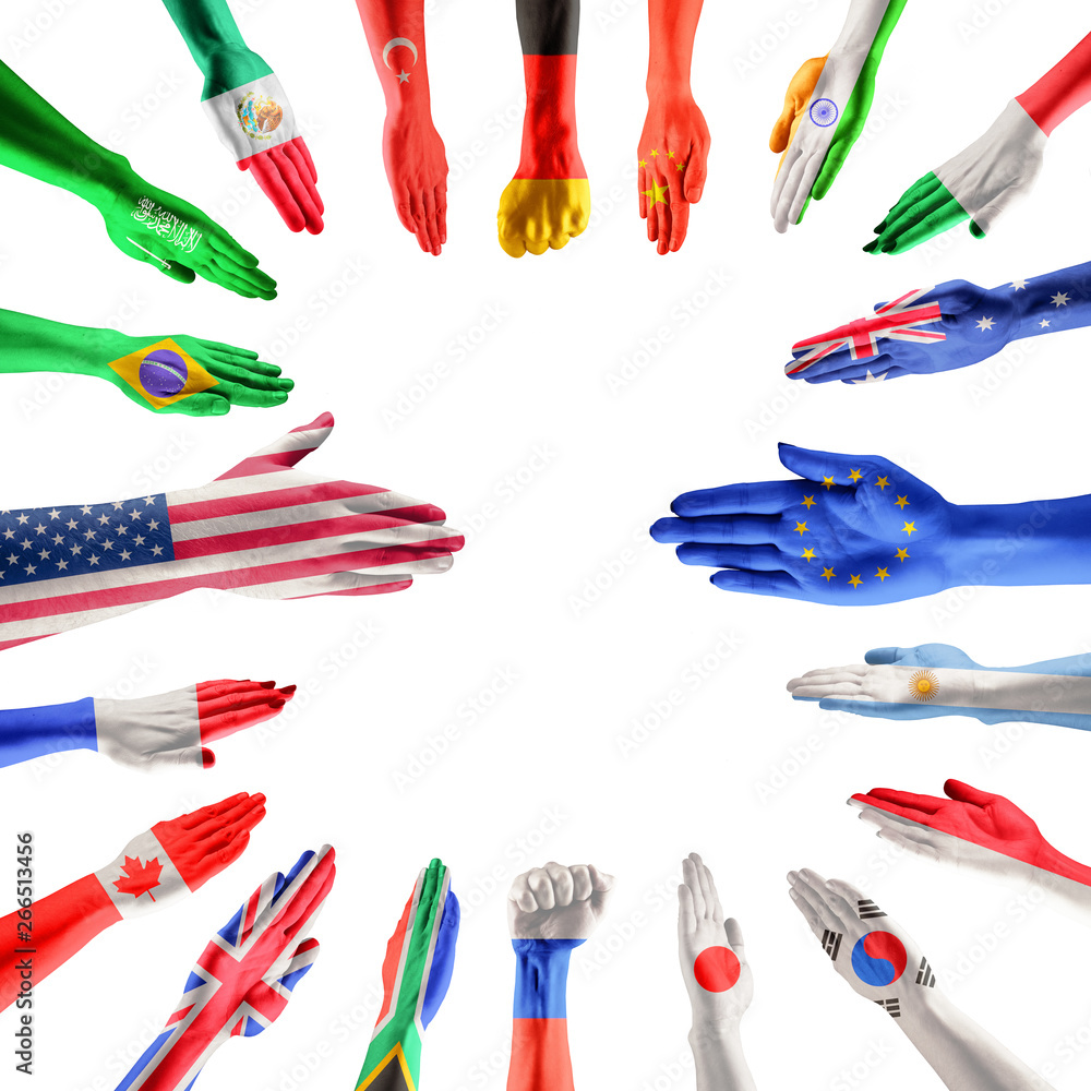 Hands colored in flags of participating countries of The Group of ...